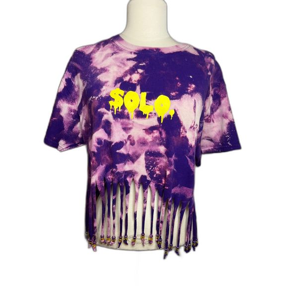 Tops | Solo Custom Purple Tiedye Beaded Fringe Cropped Tee M | Poshmark